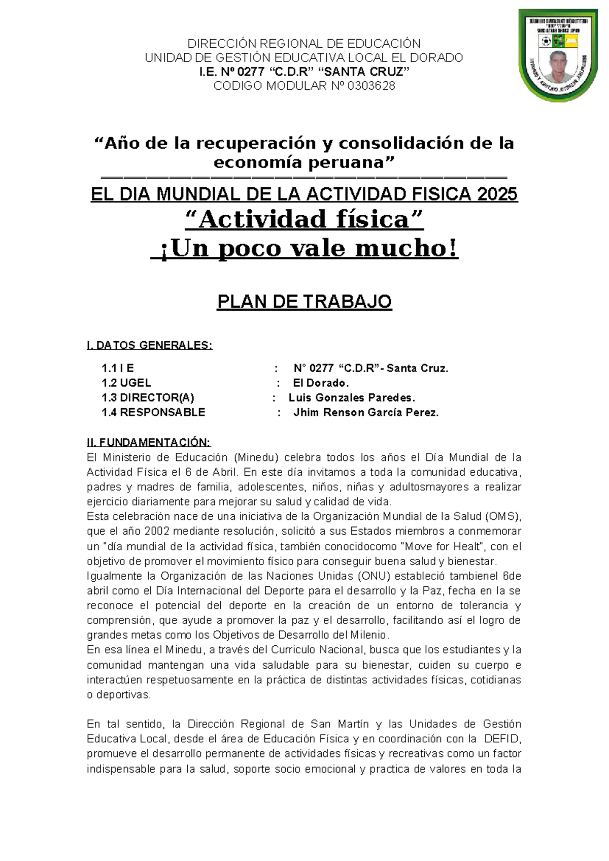 PLAN DE TRABAJO: DÍA MUNDIAL DE LA ACTIVIDAD FÍSICA 2025 - I.E. Nº 0277 ...