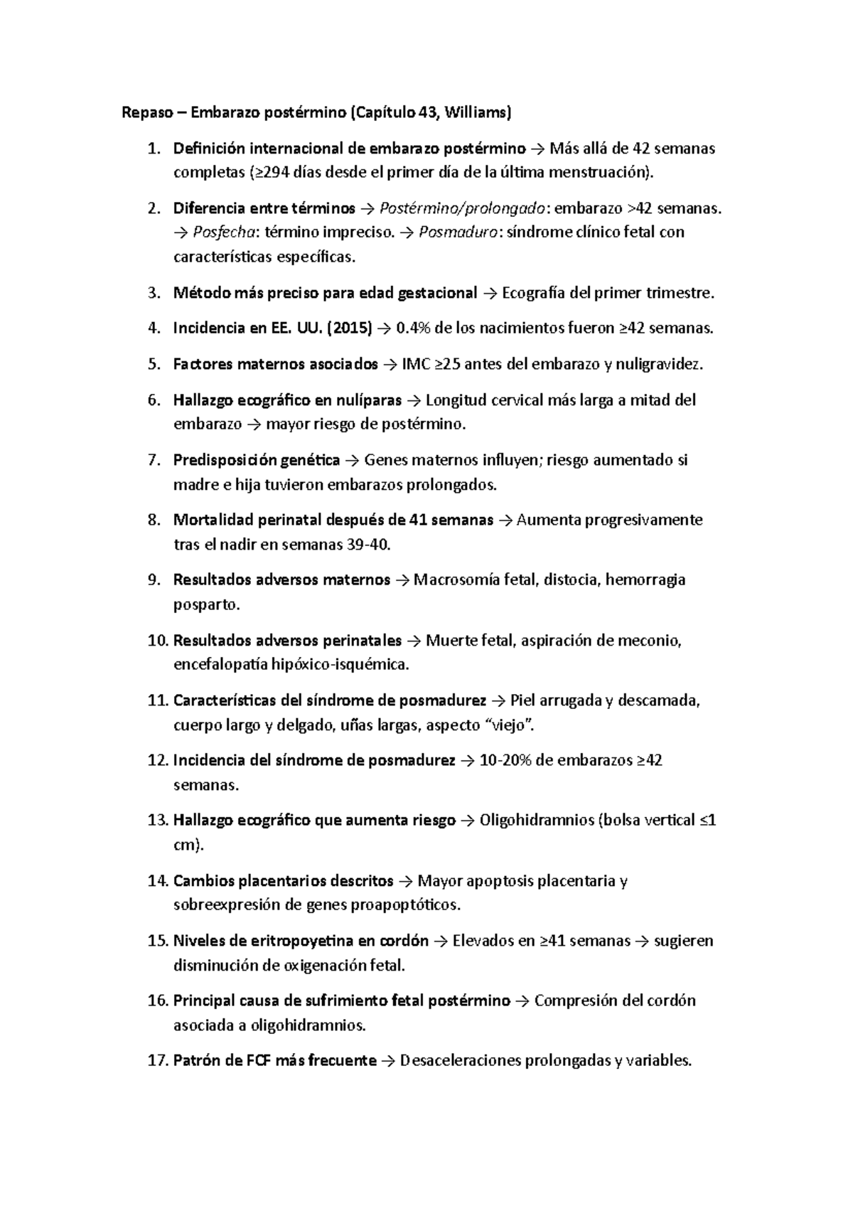Capítulo 43: Embarazo Postérmino - Repaso y Hallazgos Clave - Studocu