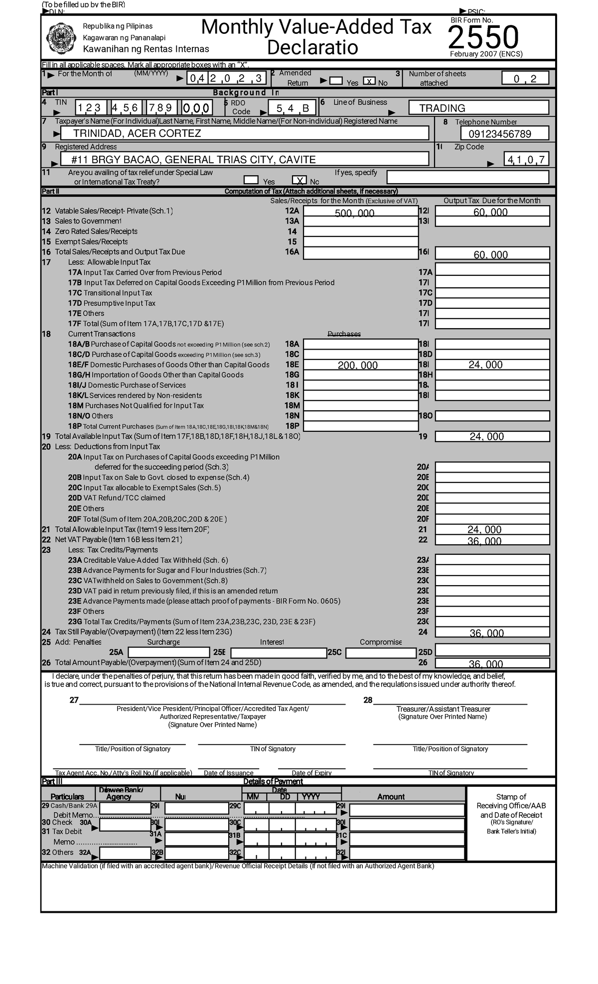 BIR Form No. 2550M - Monthly VAT Return Application Example - Studocu