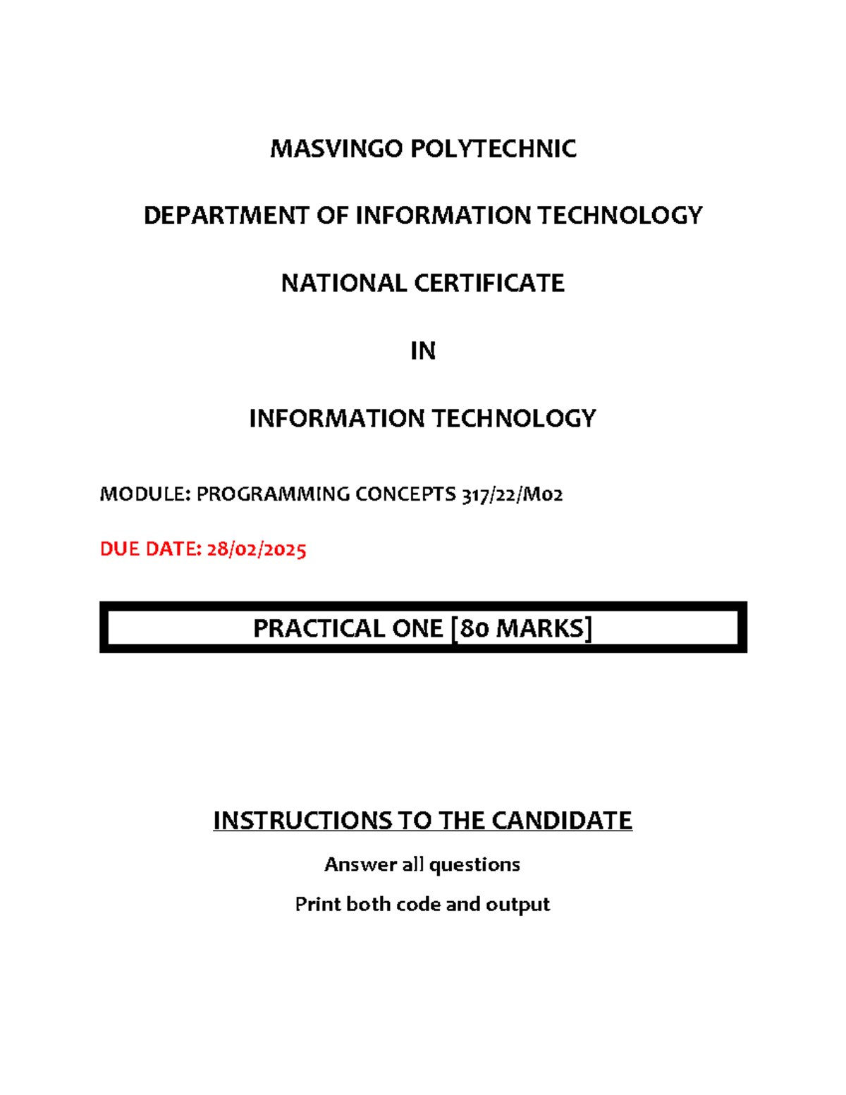 PCass 02 - Assignment 1 - Information Technology - MASVINGO POLYTECHNIC ...