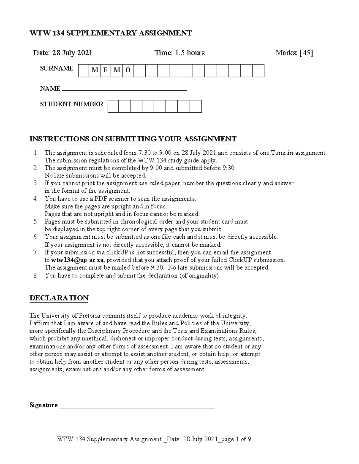 WTW 134 Supplementary Assignment Memo - July 2021 - Studocu