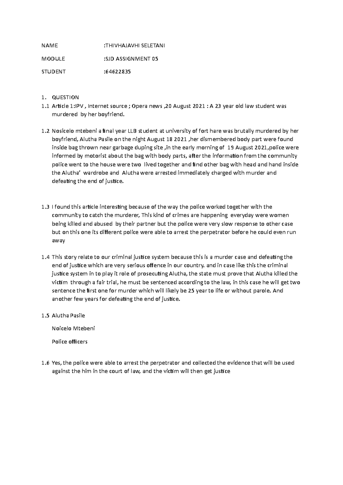 SJD1501 assignment 05 2021 - NAME :THIVHAJAVHI SELETANI MODULE :SJD ...