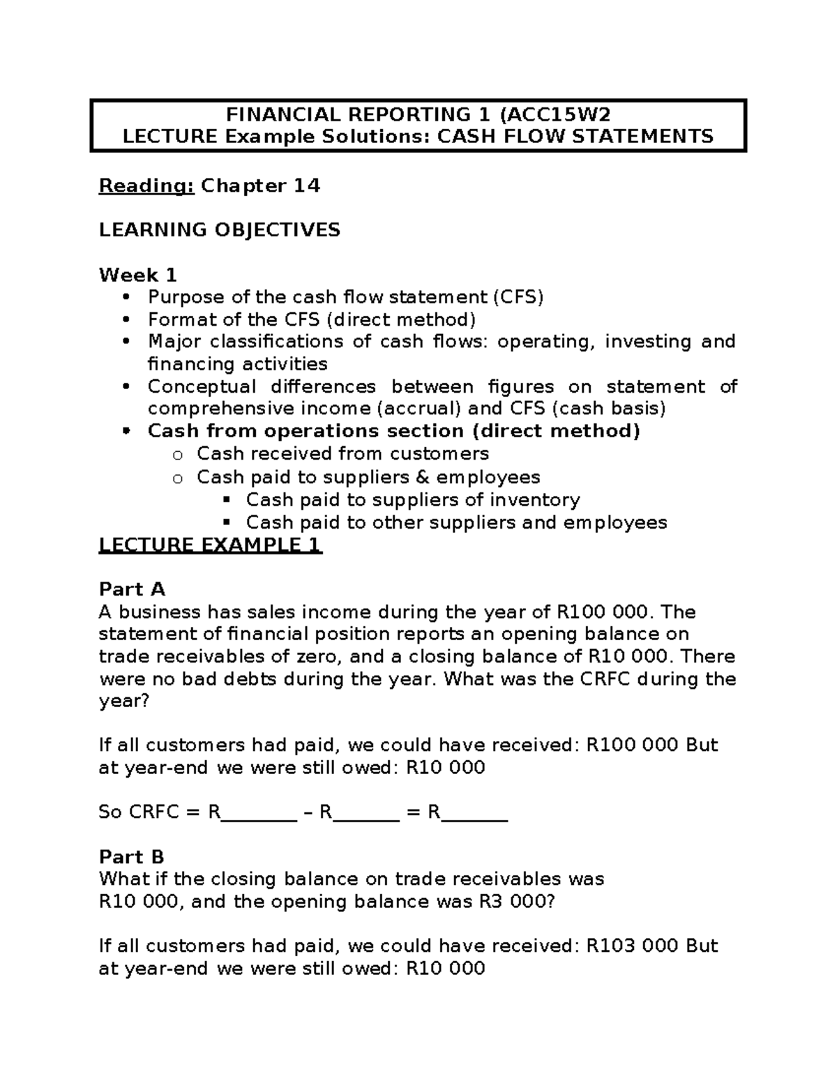 Cash Flow Statement Examples and Exercises (ACC15W2 LECTURE) - Studocu