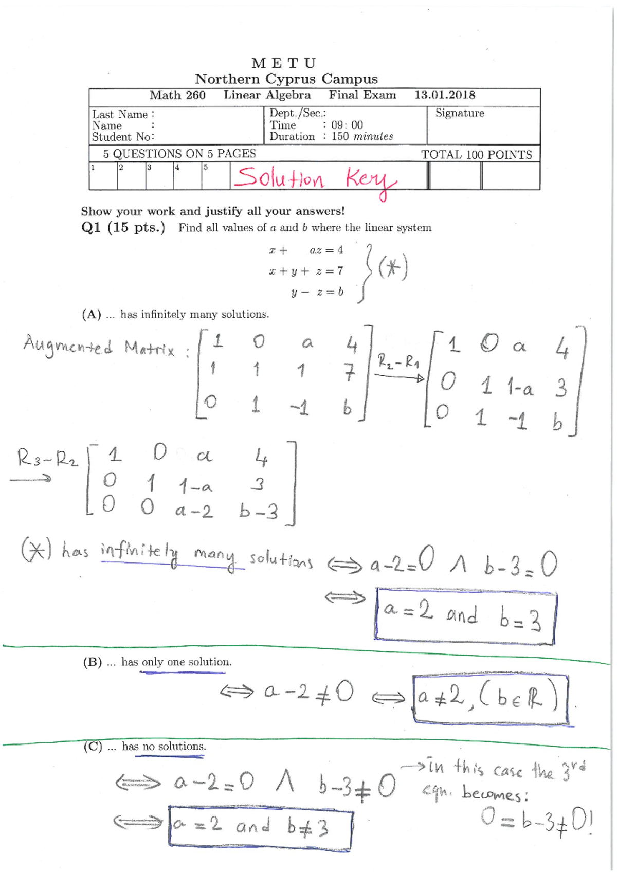 METU Math 260 Linear Algebra Final Exam 2017-2018 - Studocu