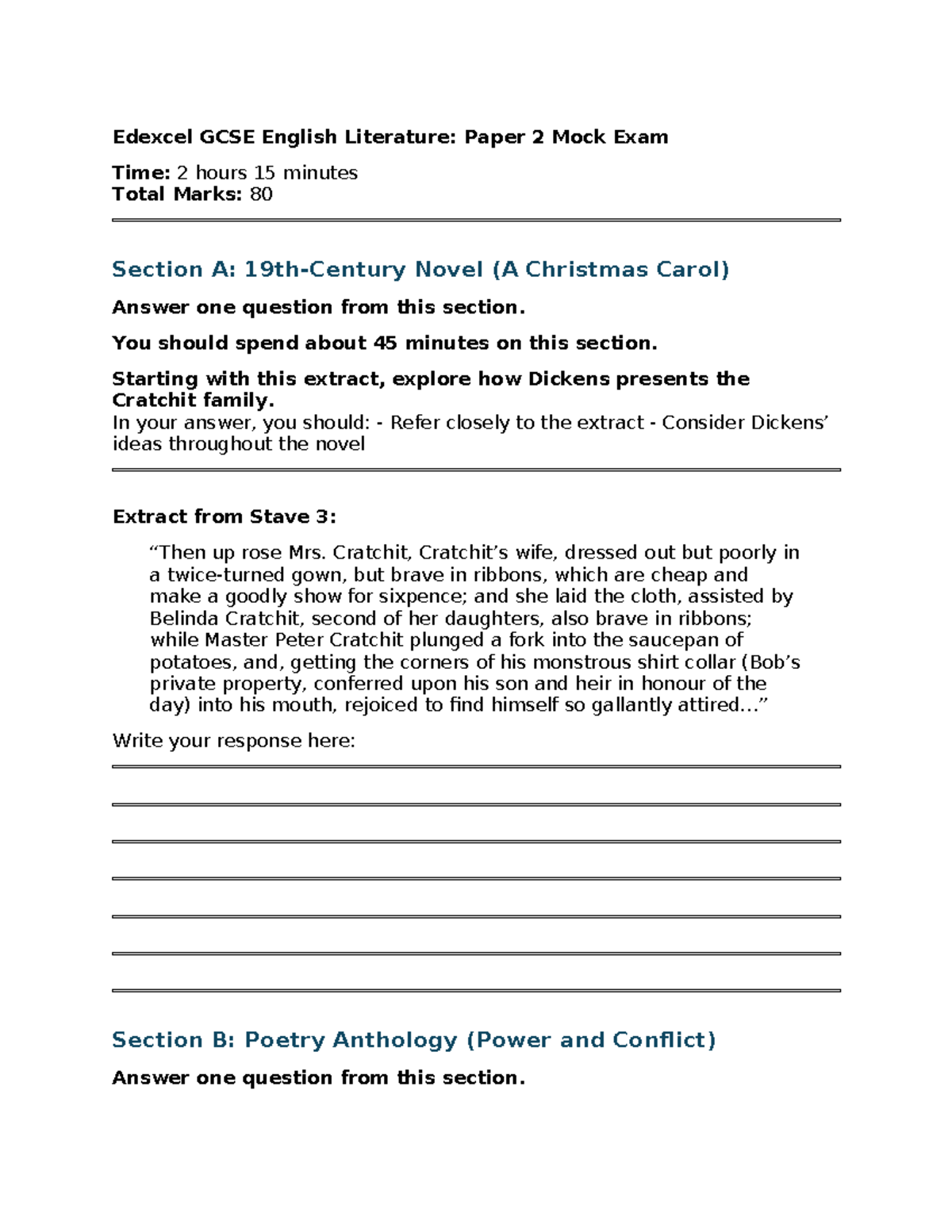 Edexcel GCSE English Literature: Paper 2 Mock Exam Practice - Studocu