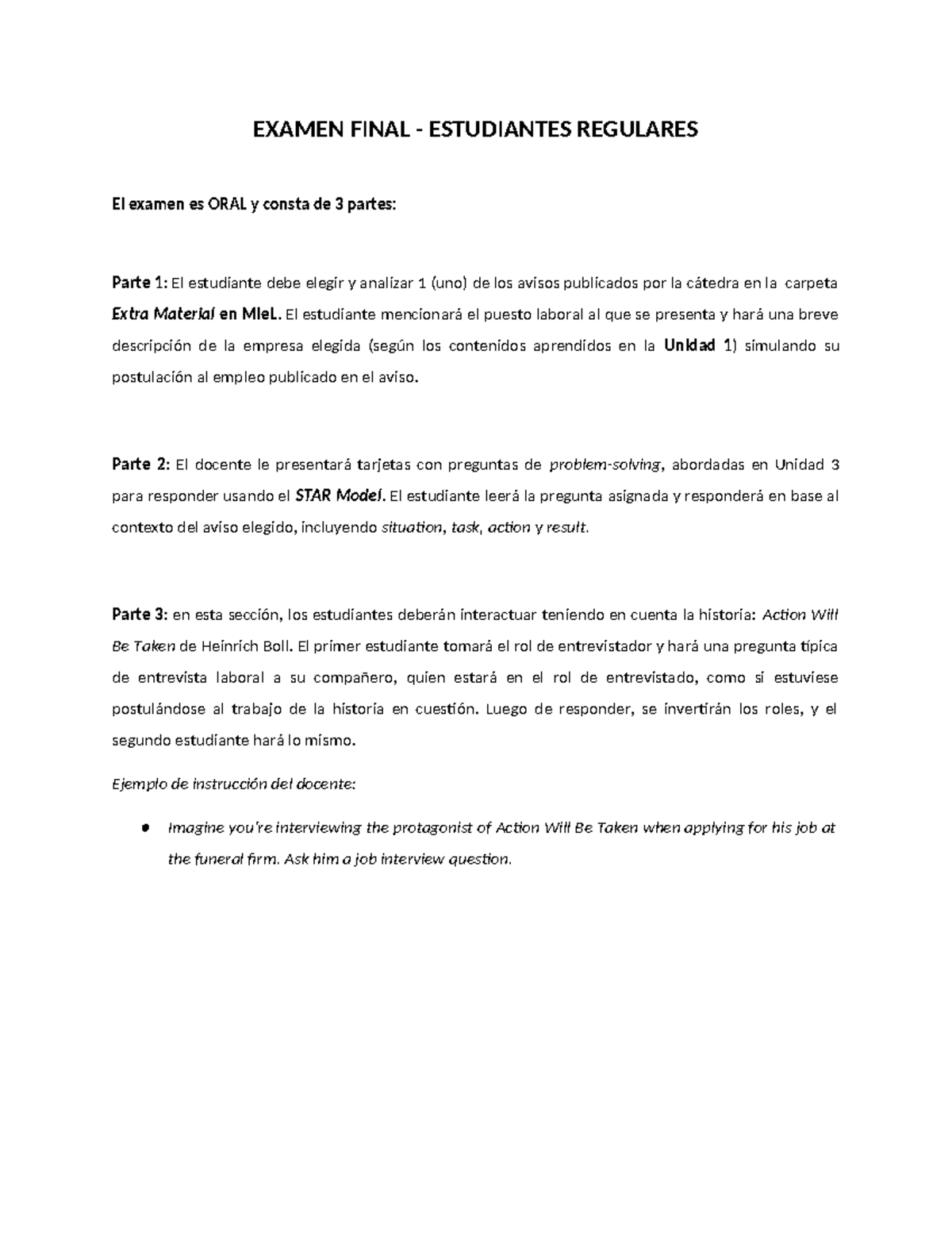 Examen Final Oral - Estudiantes Regulares - Análisis y Entrevista - Studocu