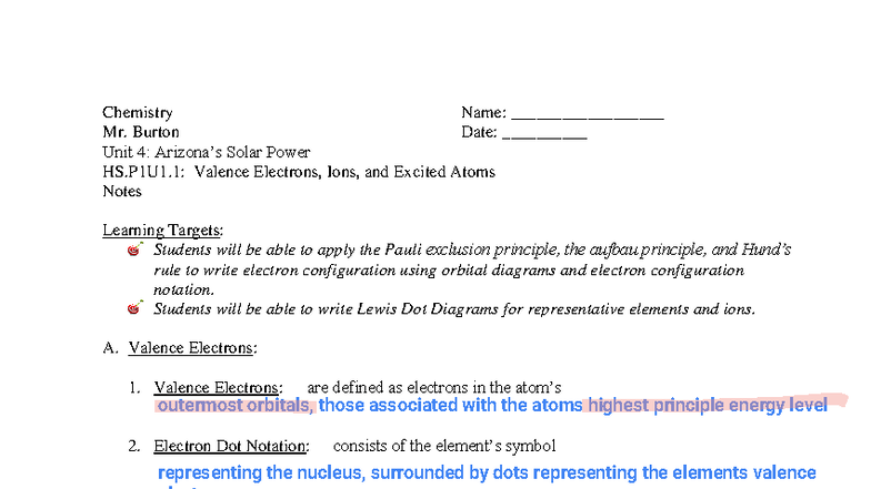 Chem HS.P1U1.1 Unit 4: Valence Electrons, Ions & Excited Atoms Notes ...