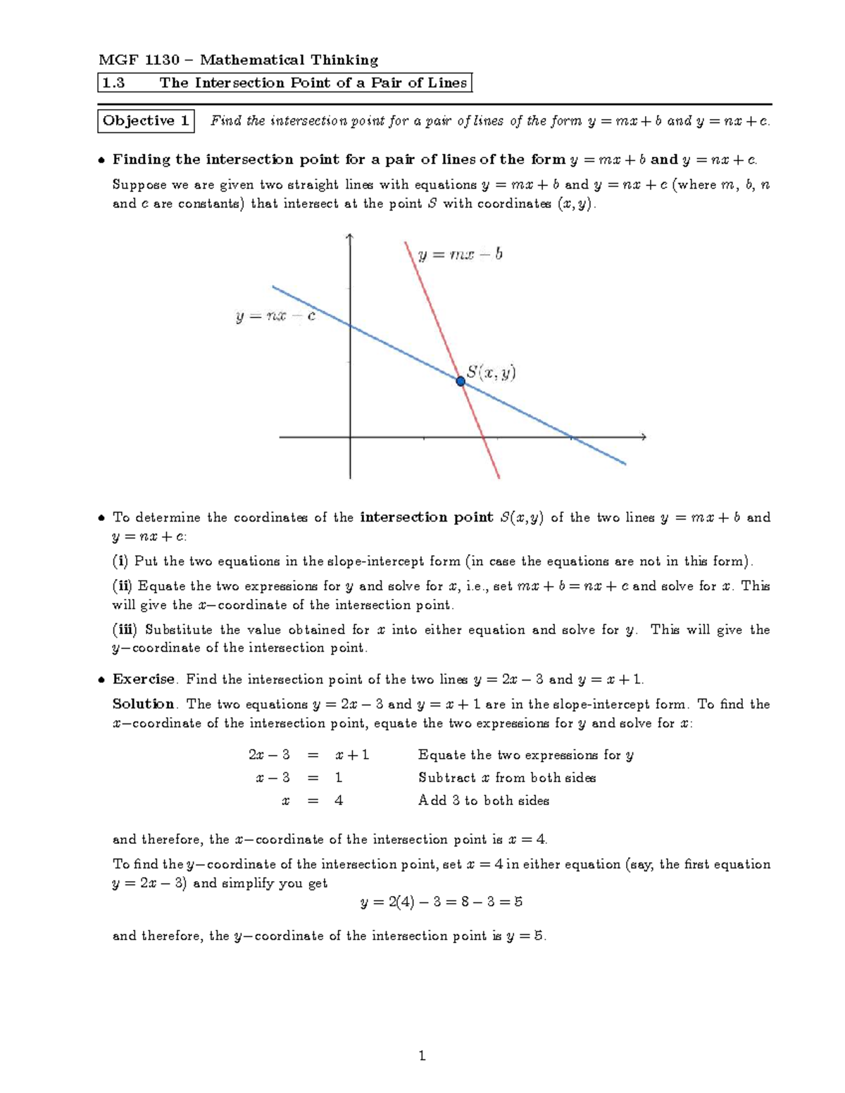 MGF 1130 - Final Exam Review: Intersection Points of Lines - Studocu