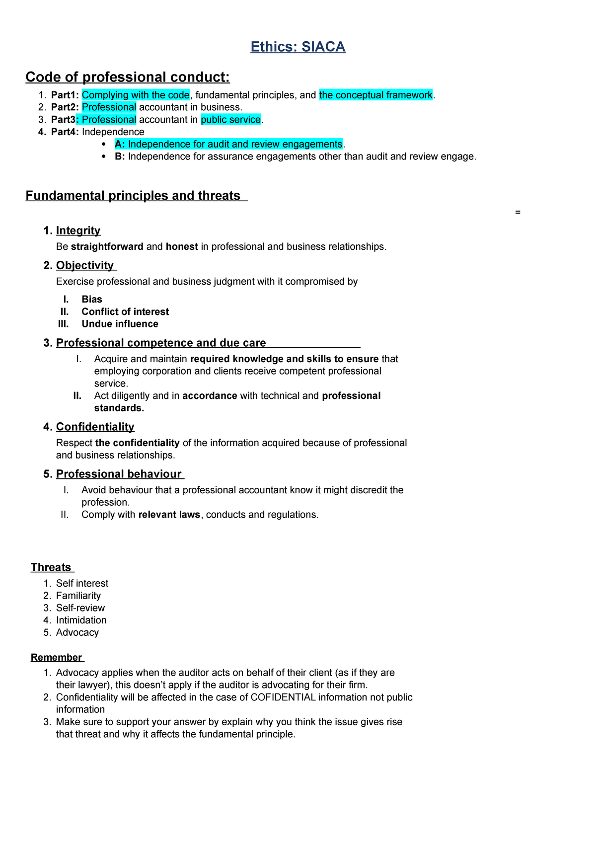 Ethics Summary: SIACA Code of Conduct for AUD Students - Studocu