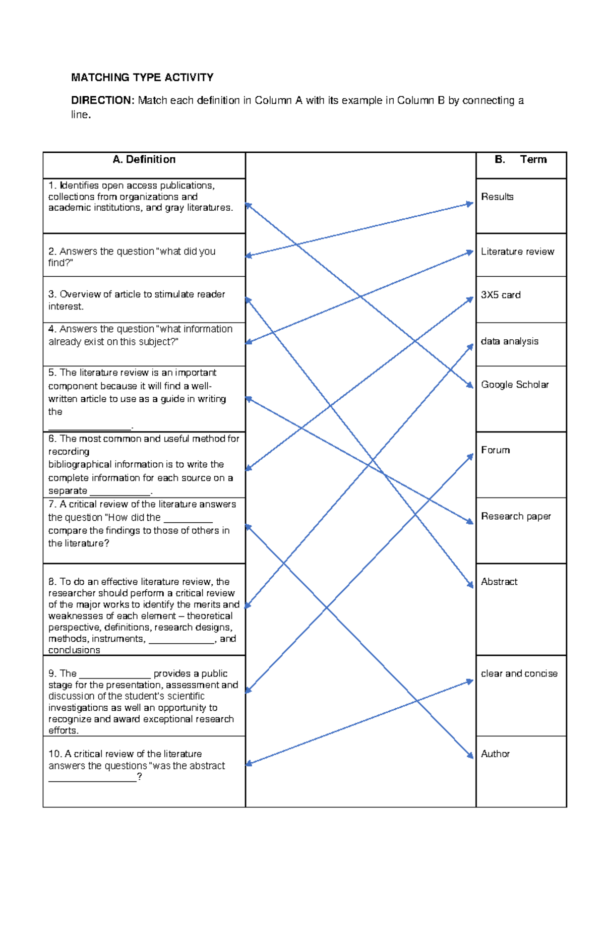 MOR - Matching type activity with answers - MATCHING TYPE ACTIVITY DIRECTION: Match each ...