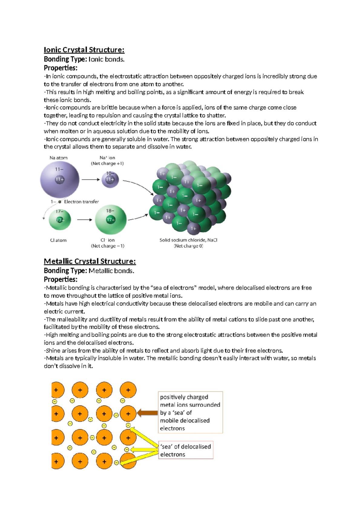 Chemistry: Ionic and Metallic Bonding Structures Overview - Studocu