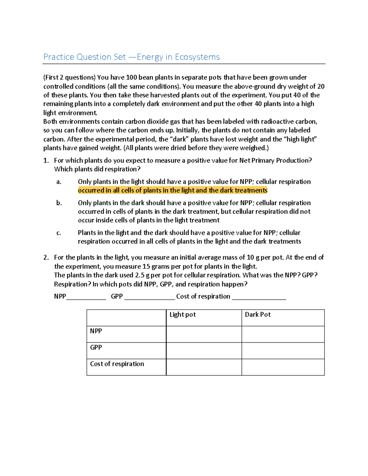 PQ Set 9: Energy Ecosystems Practice Questions and Analysis - Studocu