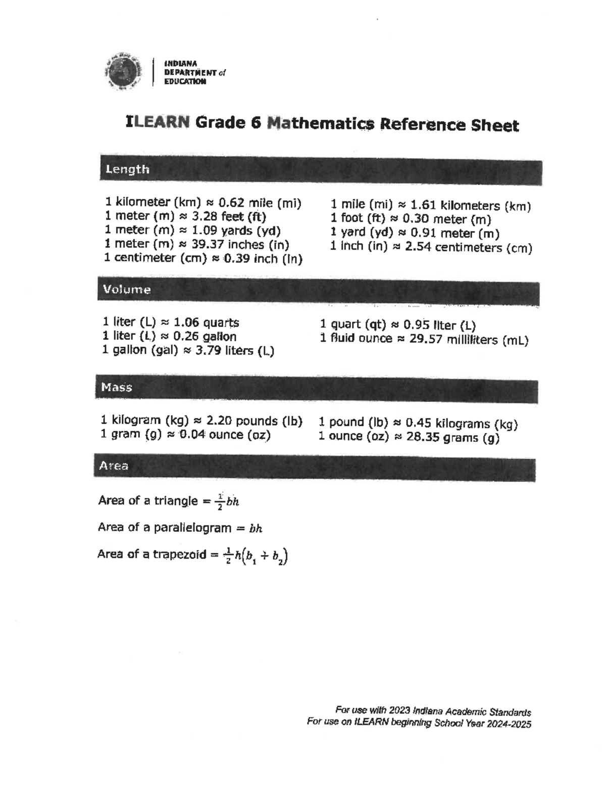 ILEARN Grade 6 Math Reference: Conversion Factors & Gallon Guy - Studocu