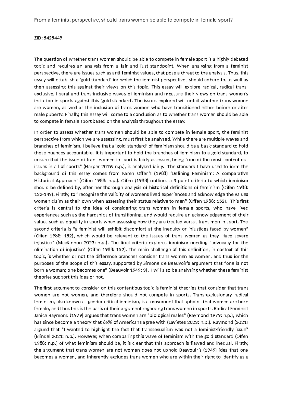 ARTS1811 Essay: Feminist Perspectives on Trans Women in Sports - Studocu