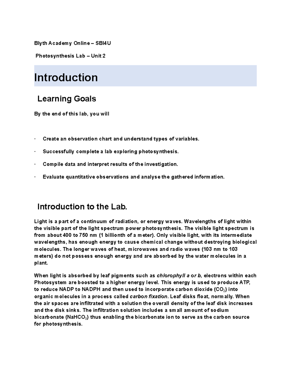 SBI4U Photosynthesis Lab: Exploring Light's Impact on Plant Growth ...