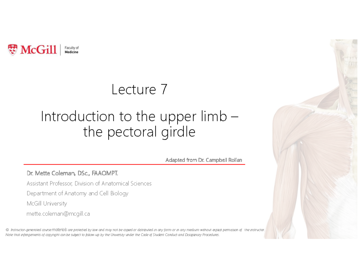 ANAT 315 Lecture 7: Introduction to the Upper Limb & Pectoral Girdle ...