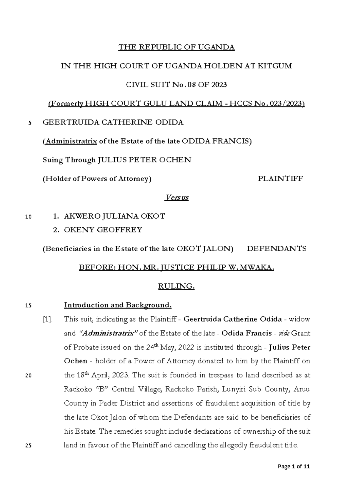 Geertruida Catherine Odida v Akwero Juliana Okot: Ruling on Civil Suit ...