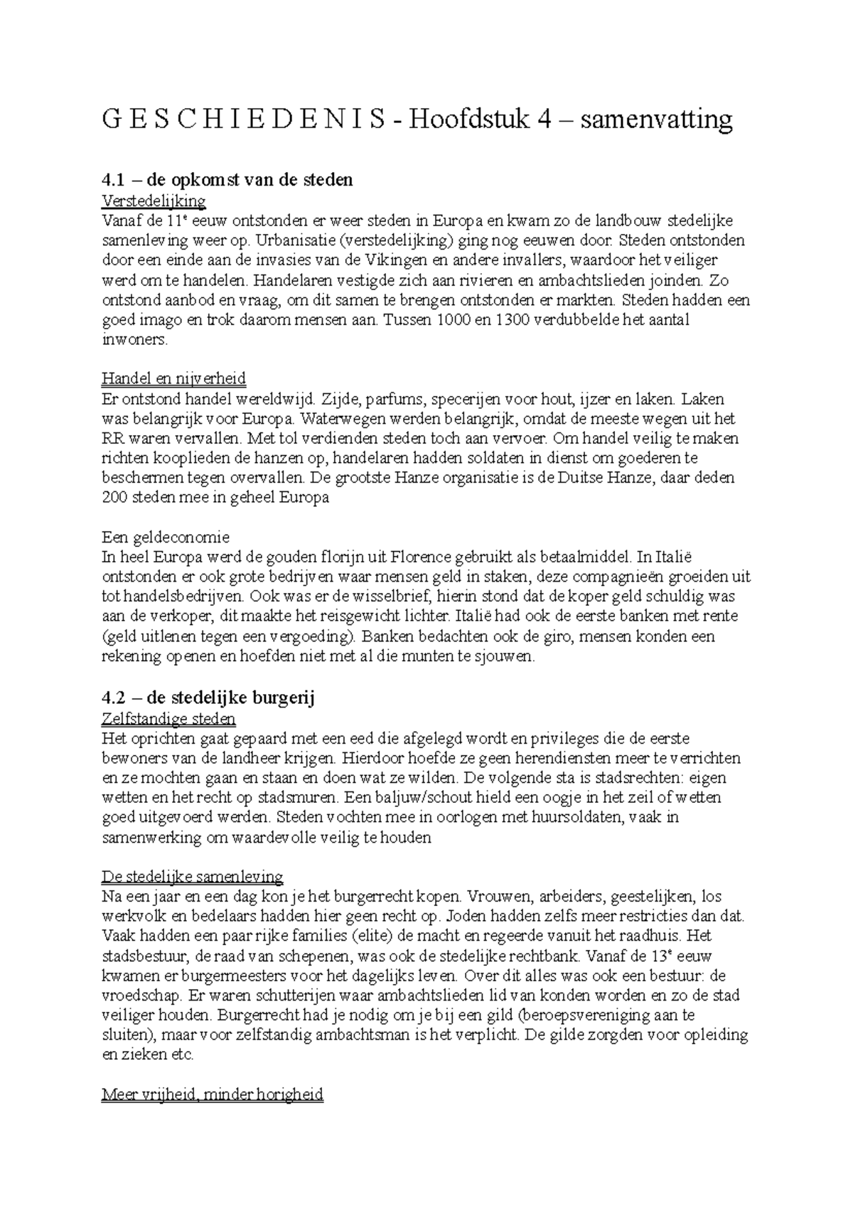 Geschiedenis Hoofdstuk 4: Samenvatting van Stedelijke Ontwikkelingen ...