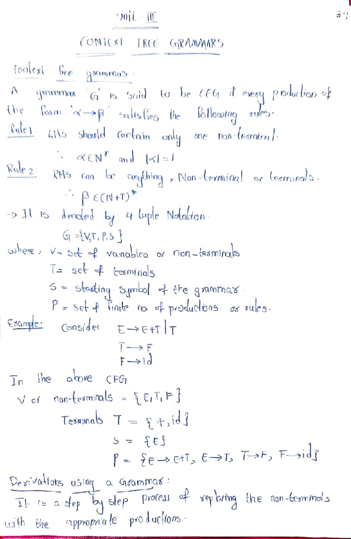 Formal Language Automata Theory Unit 3 Notes: Context-Free Grammars and ...