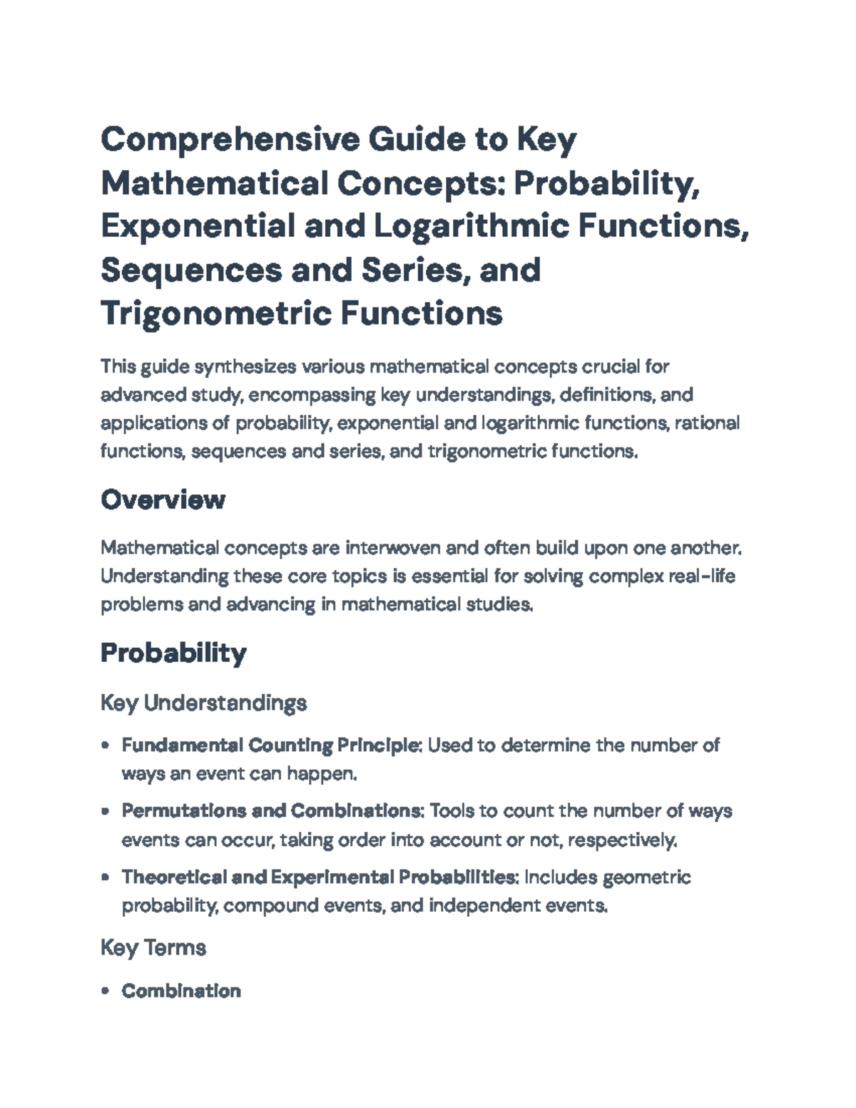 Mathematical Concepts Guide: Probability, Functions, Sequences & Trig ...