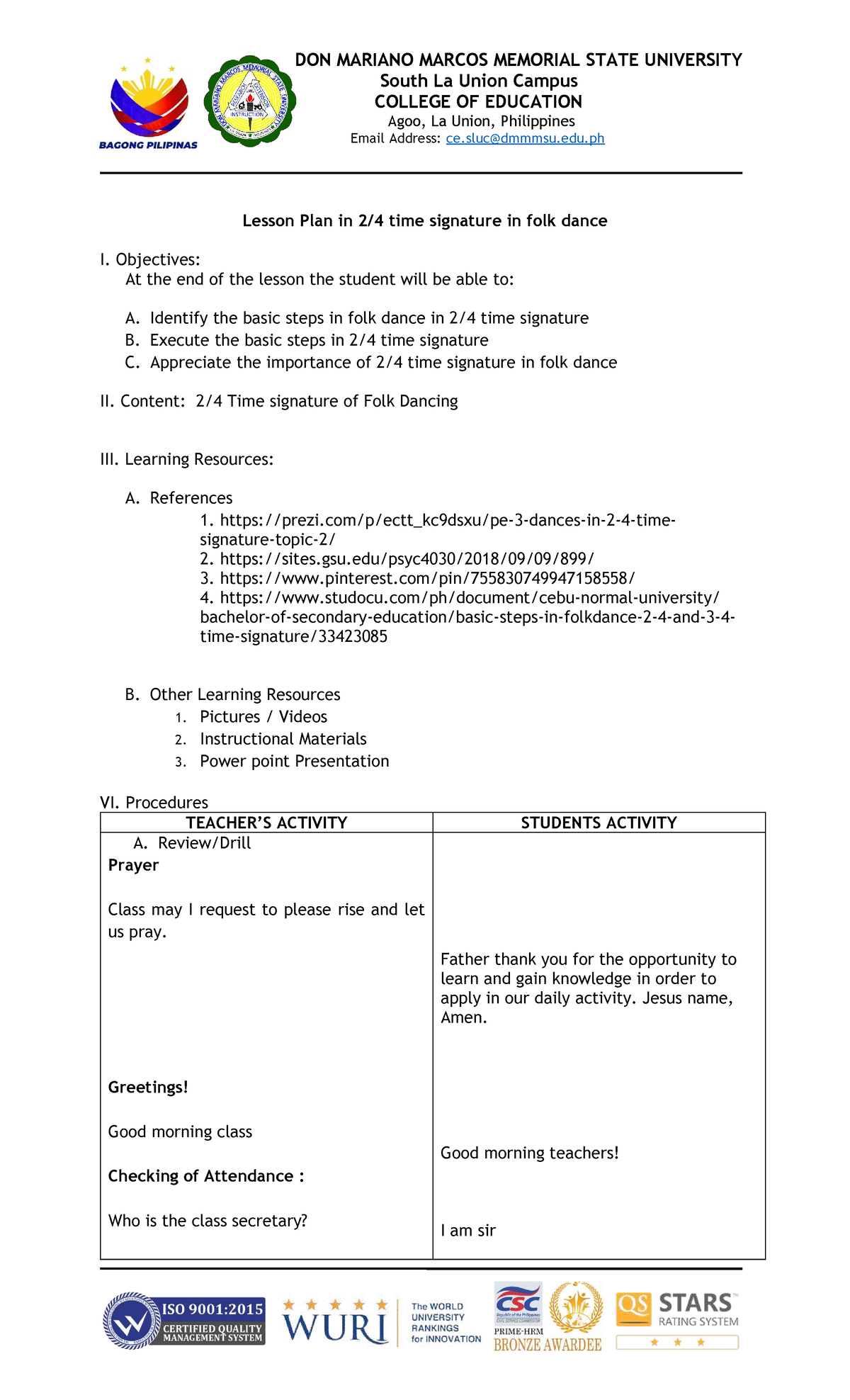 Lesson Plan: Time Signature in Folk Dance (EDU 101) - Studocu