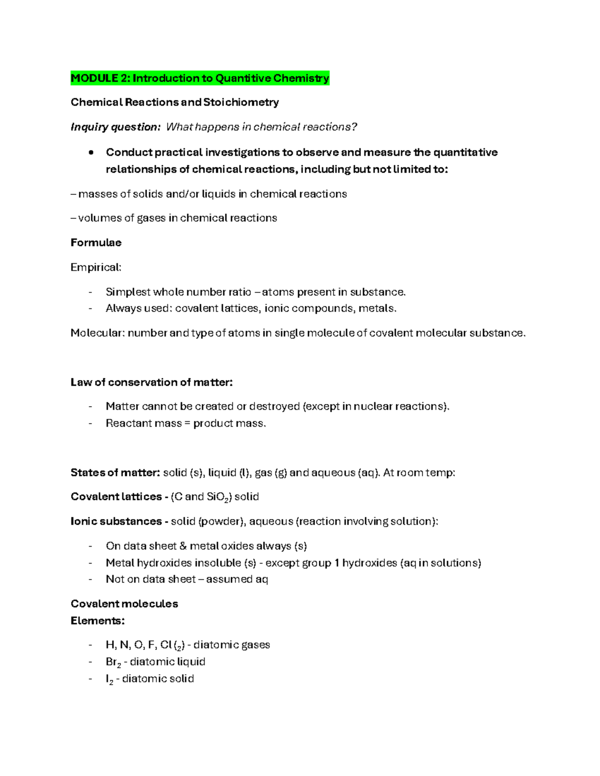 Module 2: Intro to Quantitative Chemistry - Chemical Reactions ...