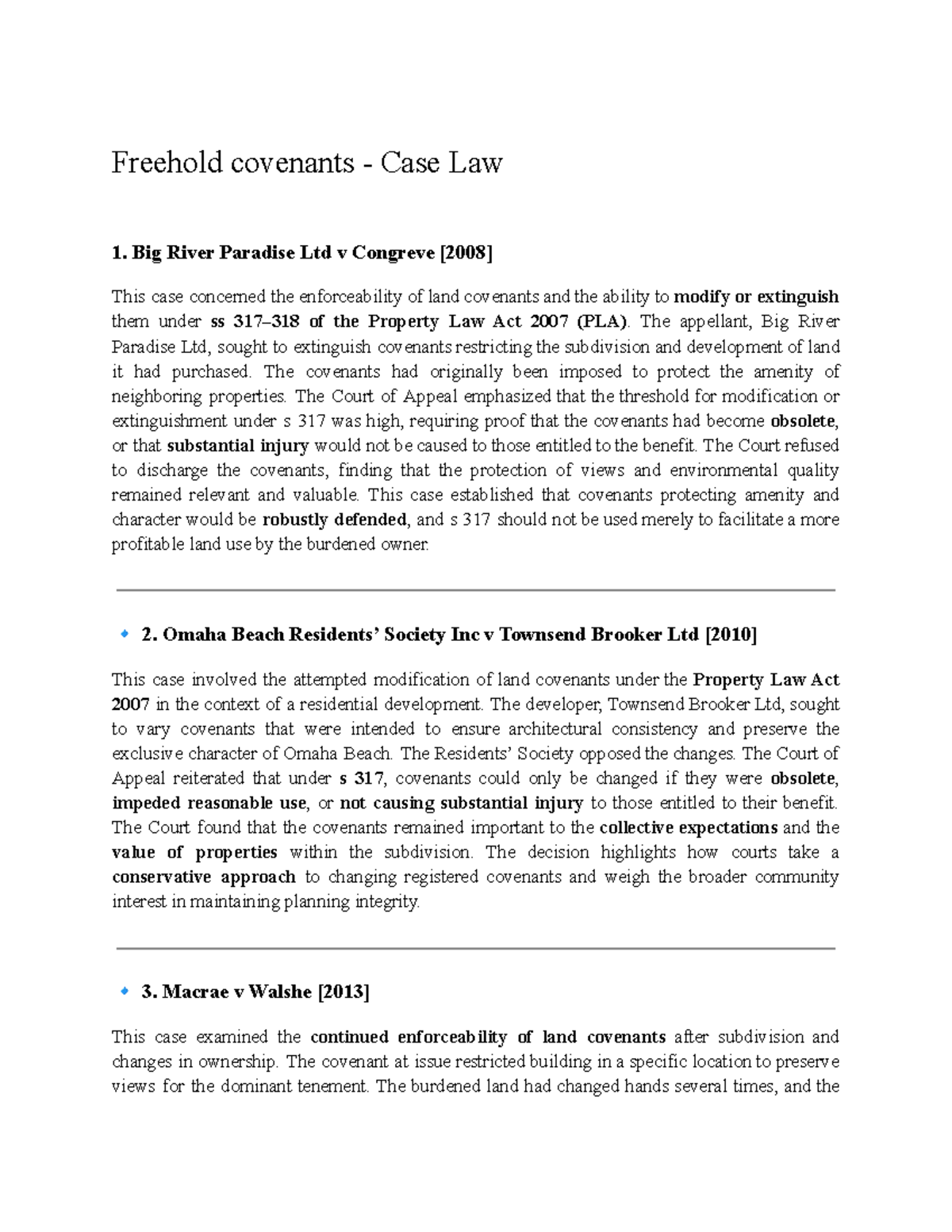 Land Law Case Studies: Freehold Covenants & Enforceability Issues - Studocu