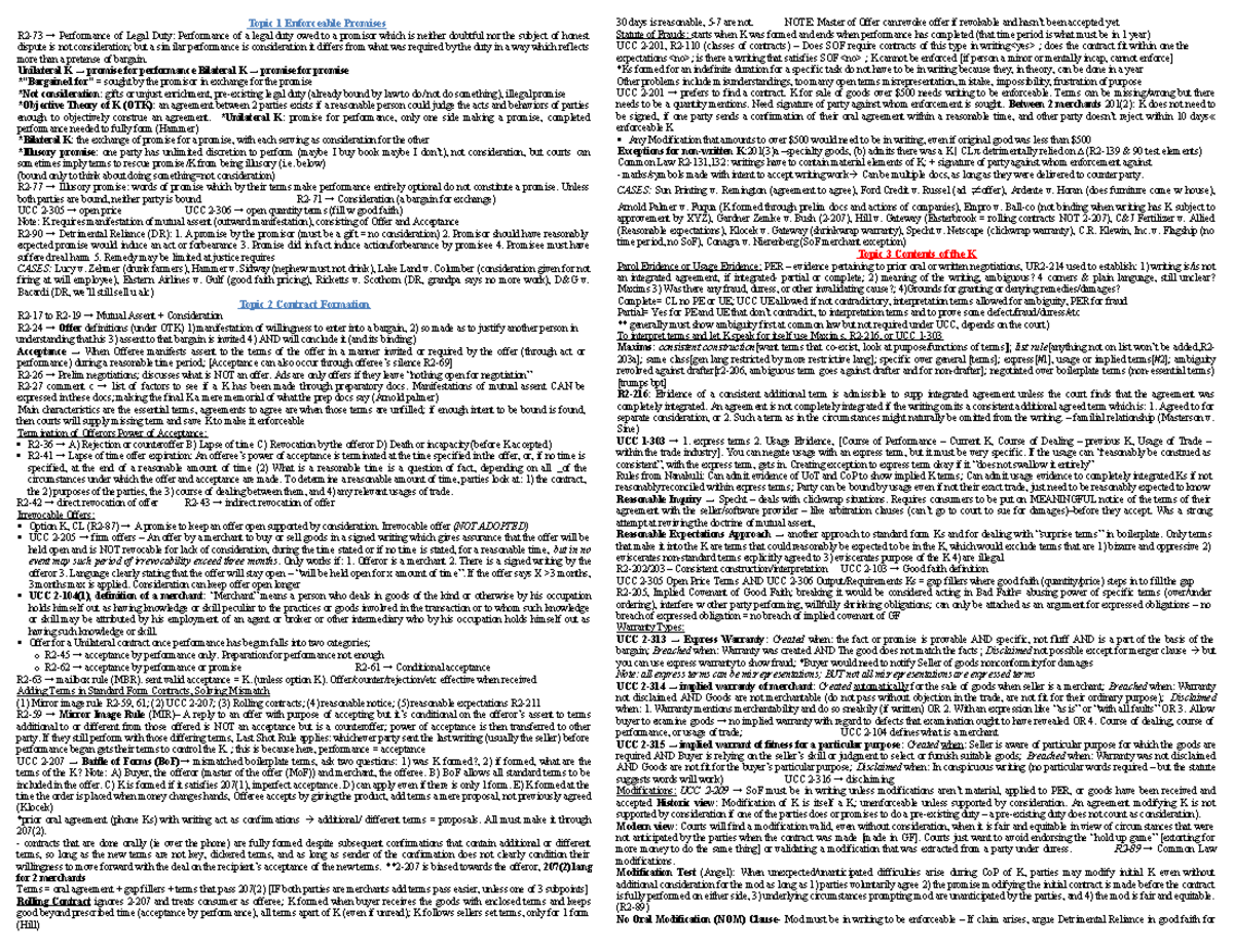 Contracts Attack Sheet: Enforceable Promises & Legal Duties (LAW 101 ...