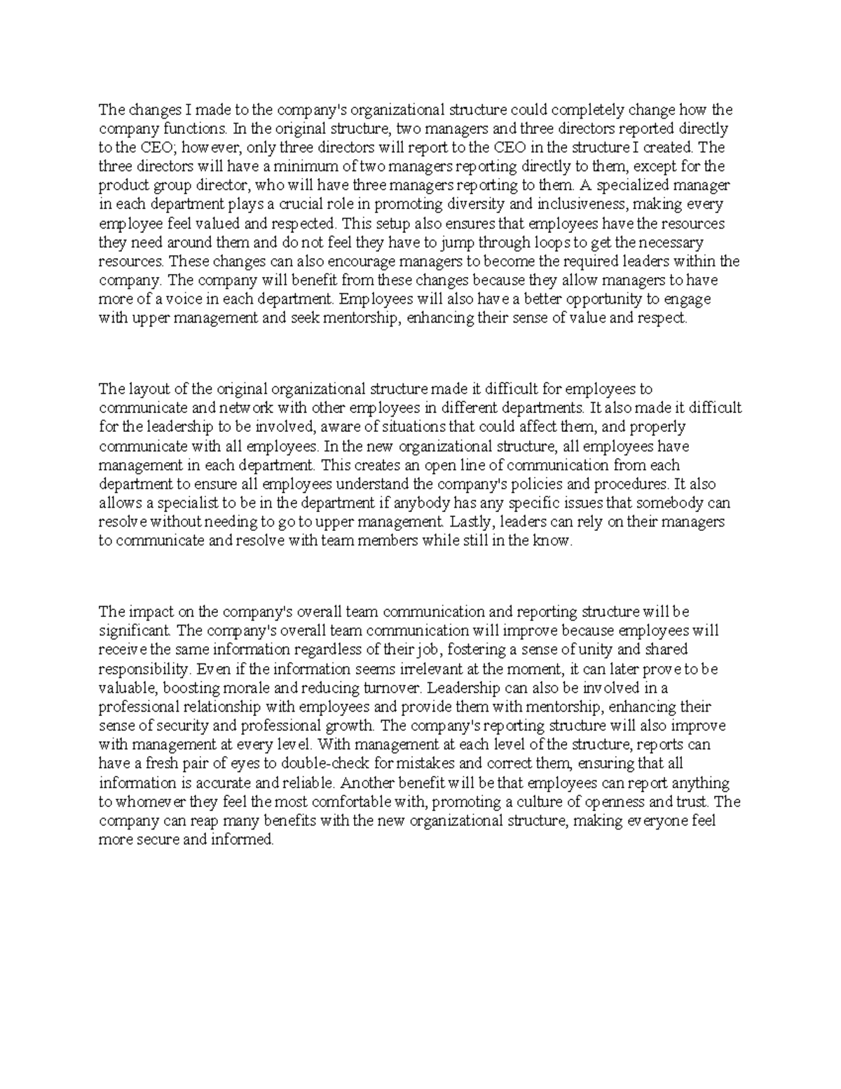 Revised organizational structure for improved communication in BUS 210 ...