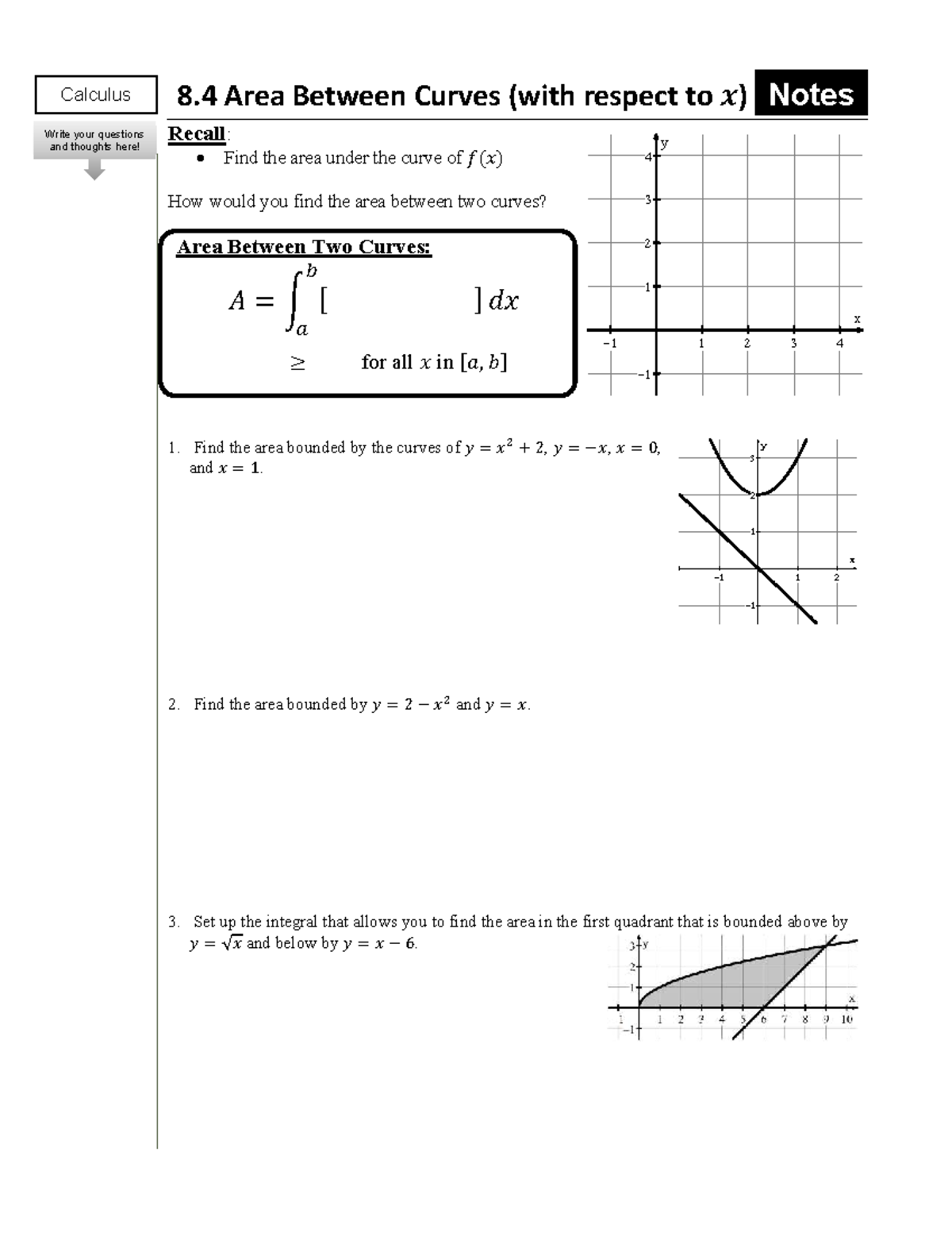 Calc 8 - Area Between Curves (with respect to 𝑥) Notes - Studocu