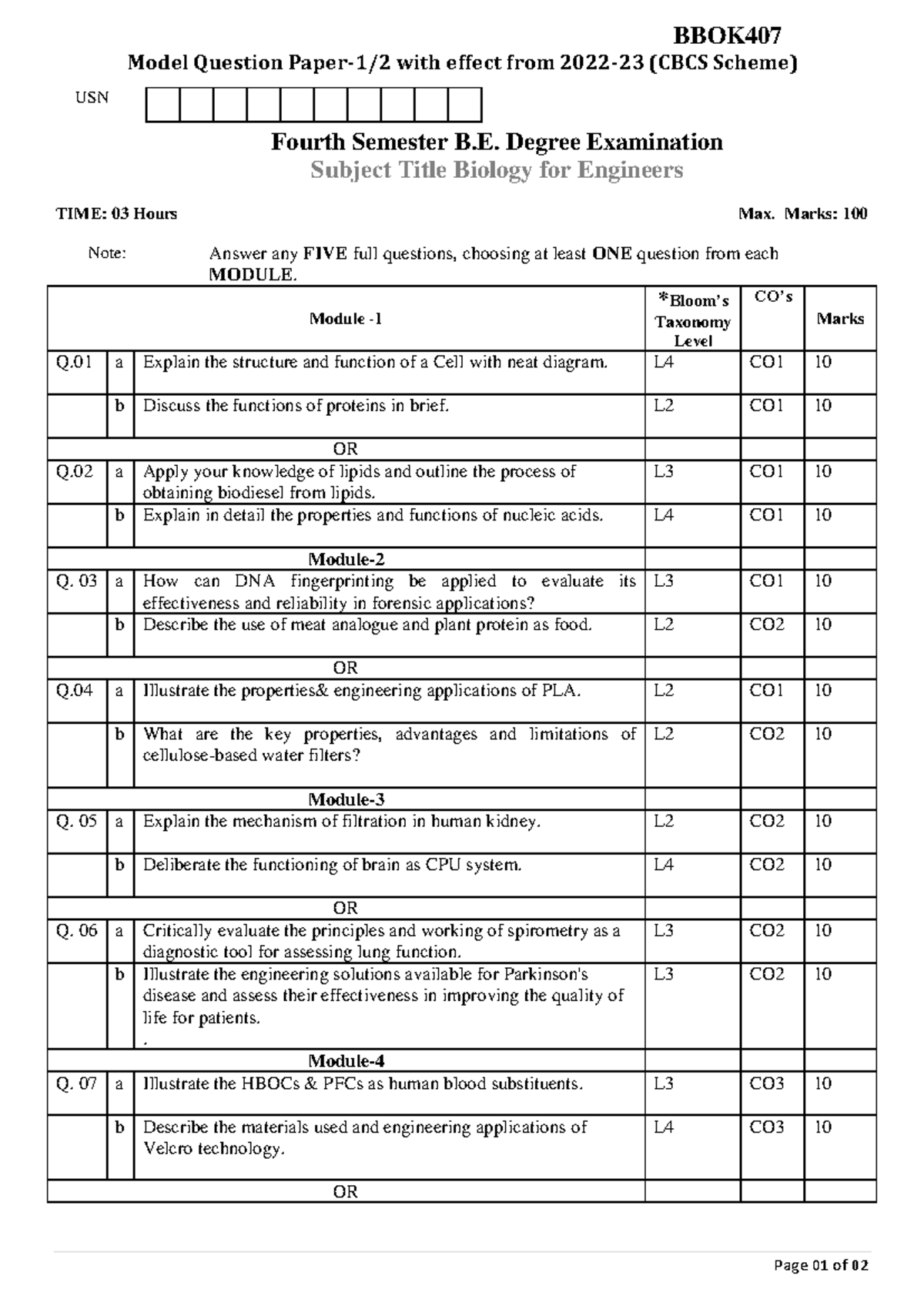 BBOK407 Model Question Paper for Biology for Engineers Exam - Studocu