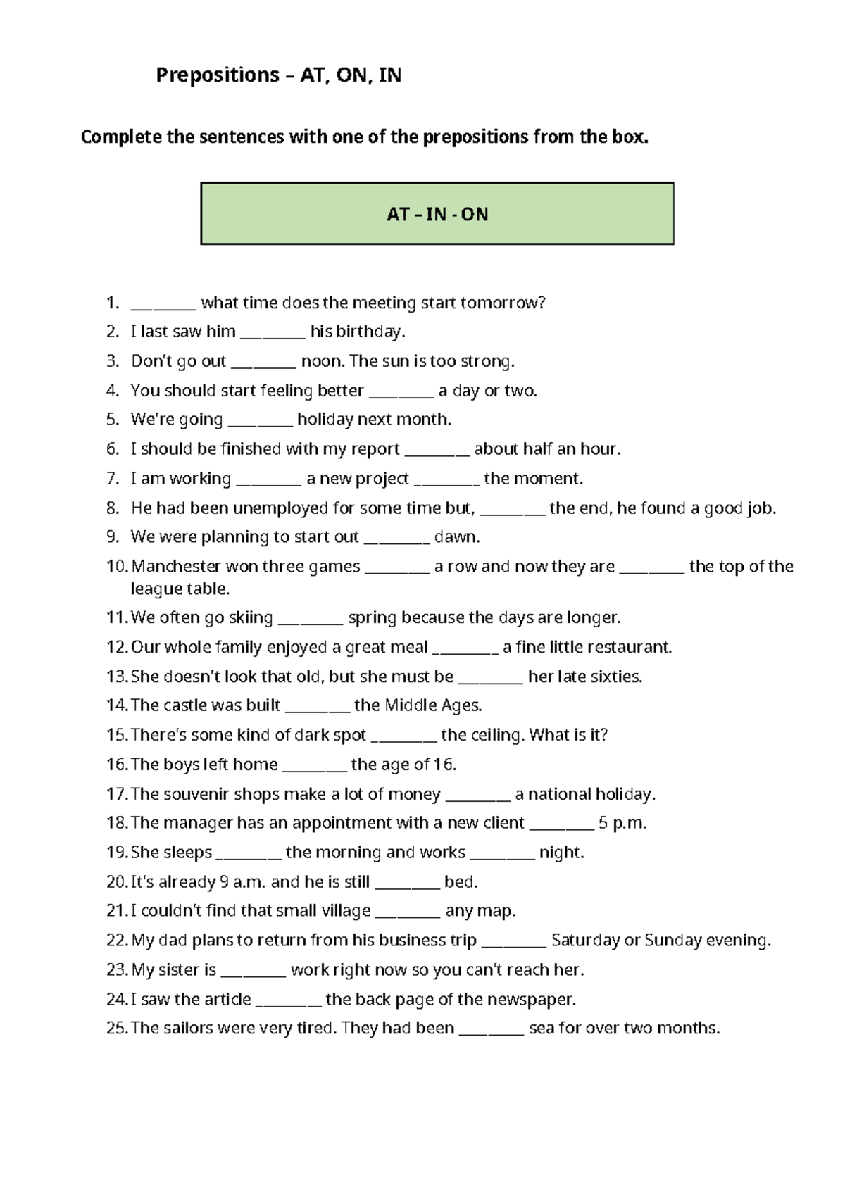 Prepositions of Time: AT, ON, IN - 7th Grade English Exercise - Studocu