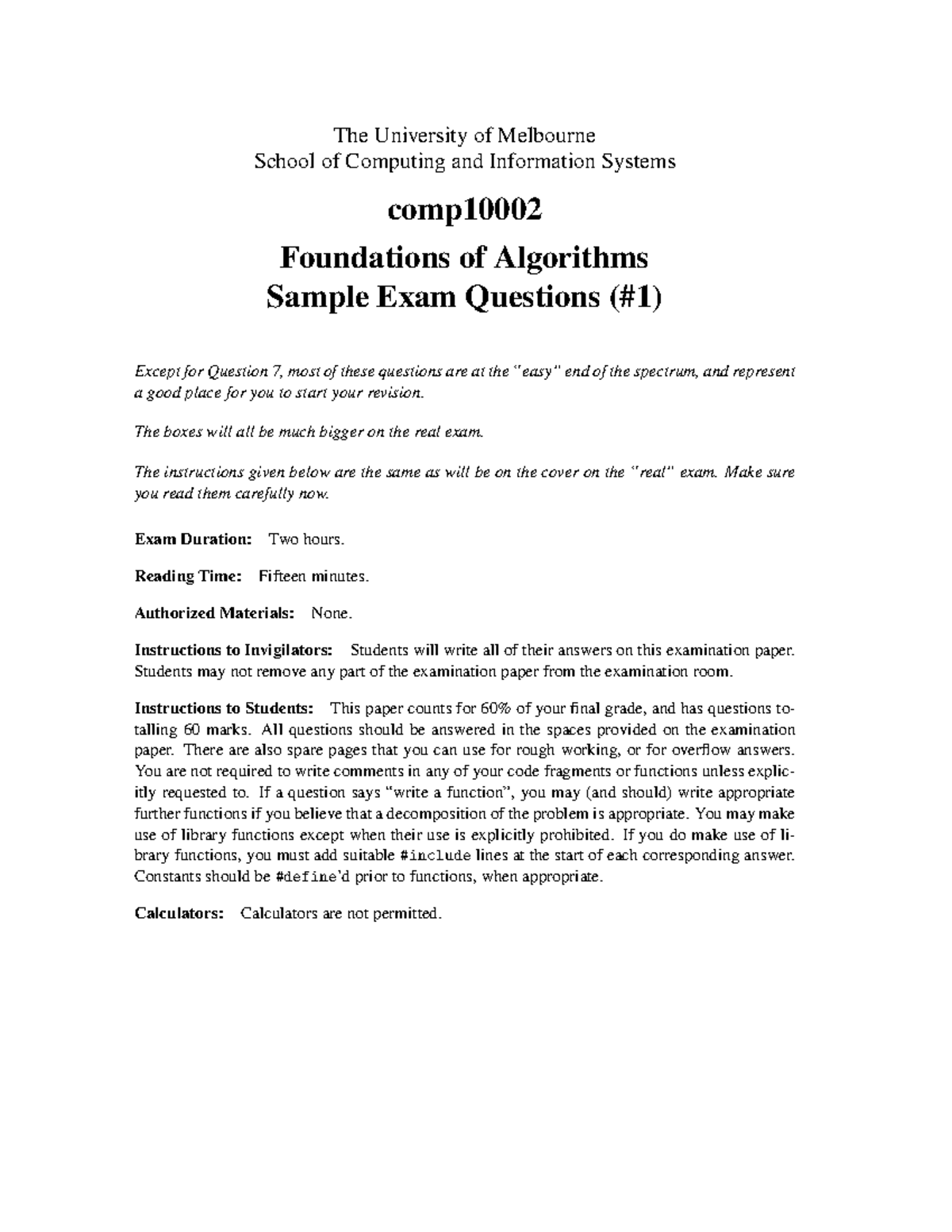 Foundation of Algorithms Sample Exam #1 - The boxes will all be much ...
