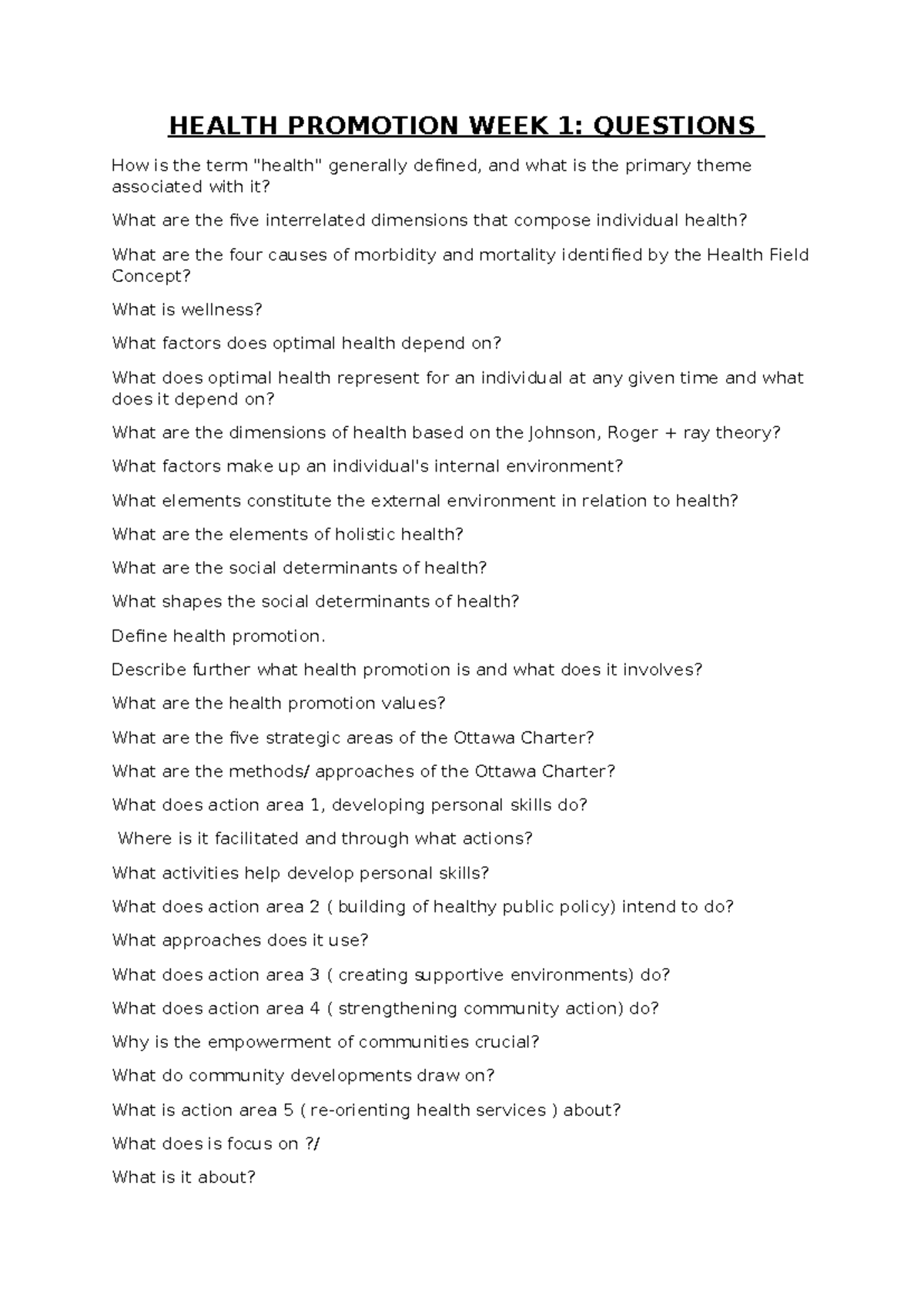 Health Promotion Week 1: Key Questions & Concepts Overview - Studocu
