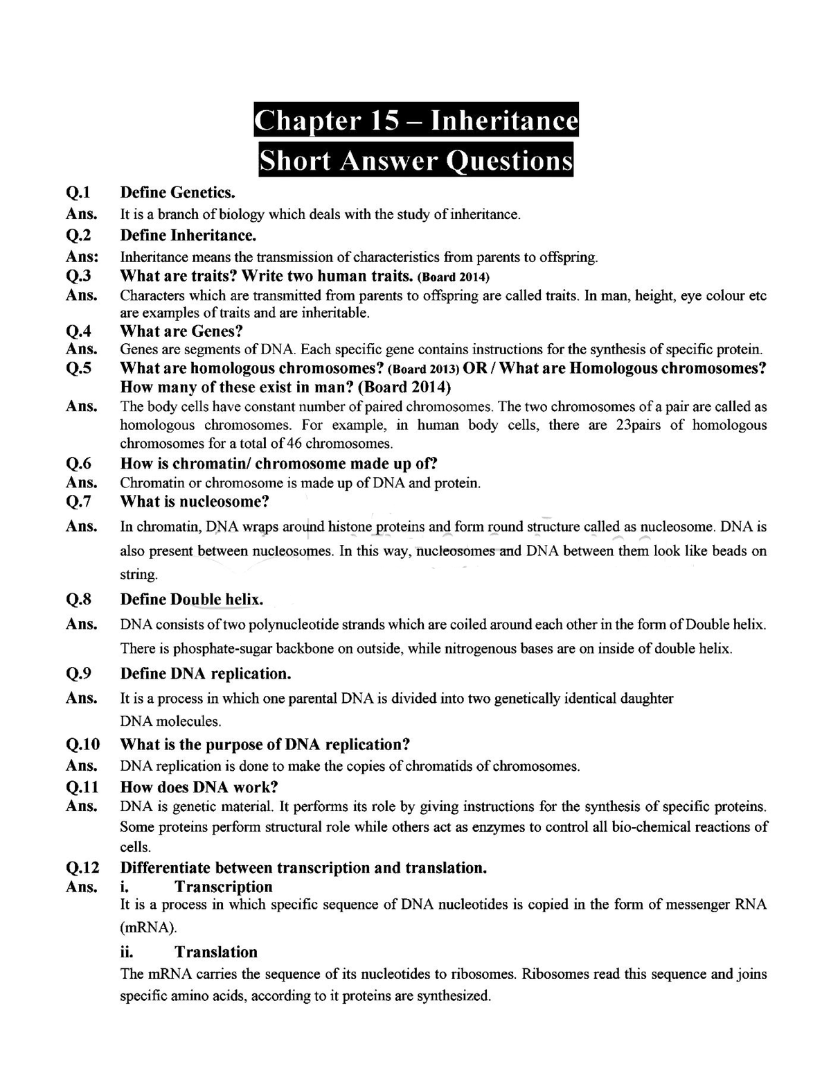 10th Bio Ch 15 Inheritance Short Answer Questions & Answers - Studocu