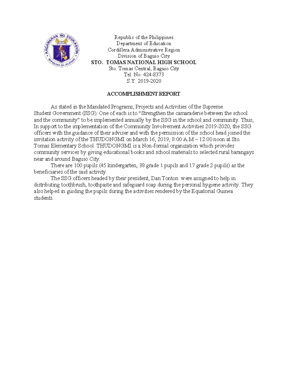 Outreach Program Narrative Report: SSG Community Involvement Activities ...