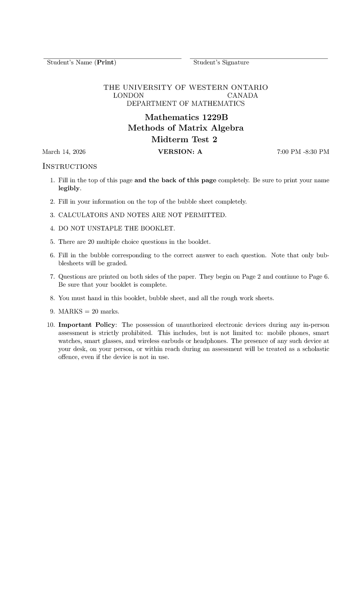 Math 1229B Methods of Matrix Algebra Midterm Test 2 - March 2026 - Studocu