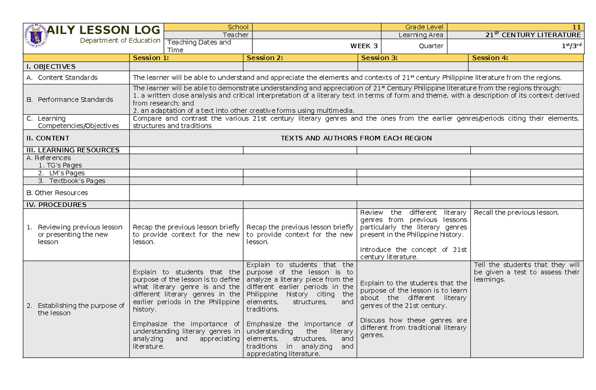 21ST Century Literature Lesson Plan Q1 Week 3: Understanding Genres ...