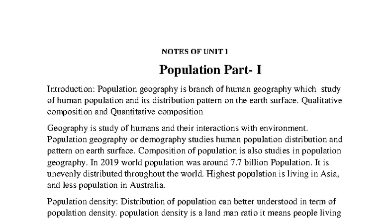 Population Geography: Unit I Notes (Population I) - Studocu