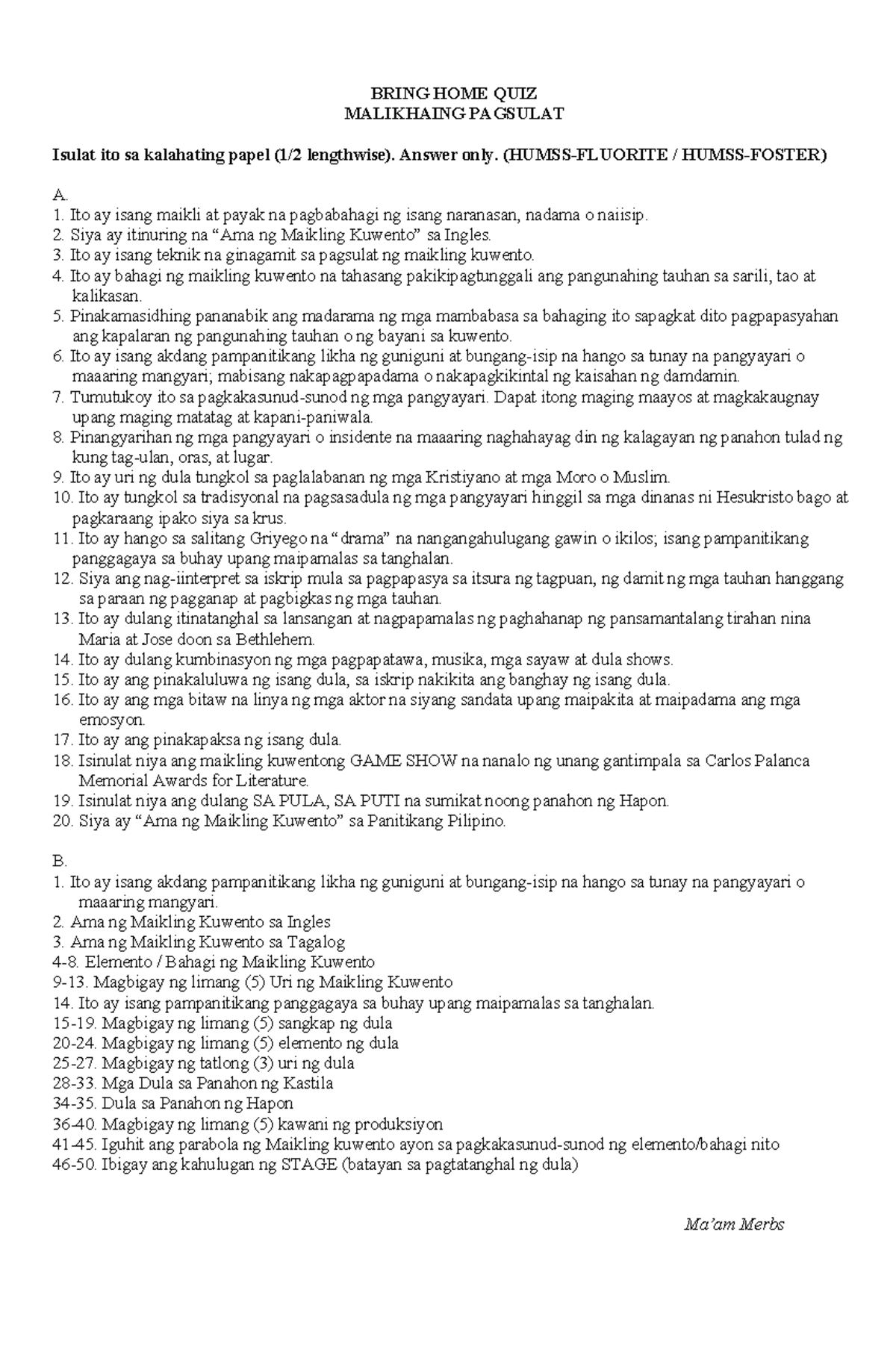 Bring HOME QUIZ MP 20242025 - BRING HOME QUIZ MALIKHAING PAGSULAT ...