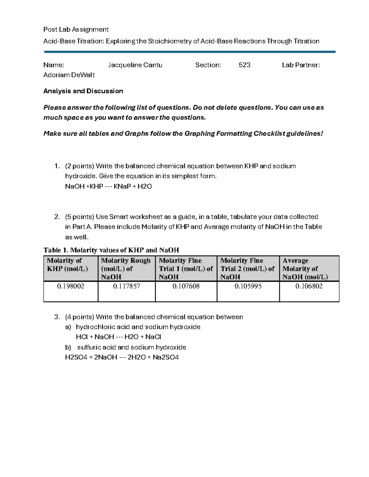 Fall 2024 - Acid-Base Titration Post Lab Analysis and Discussion - Studocu