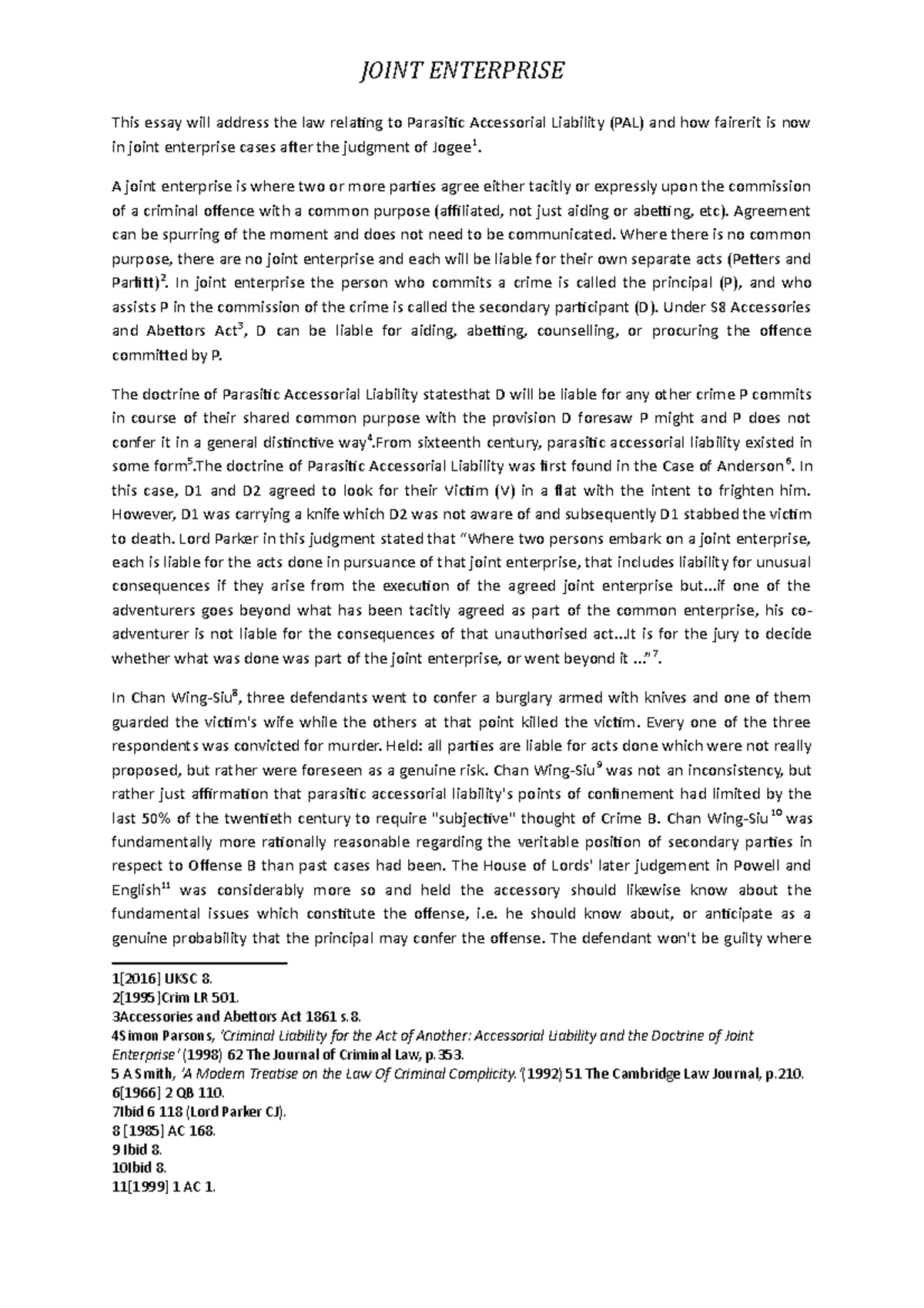 PAL and Joint Enterprise: An Analysis Post-Jogee Judgment - Studocu