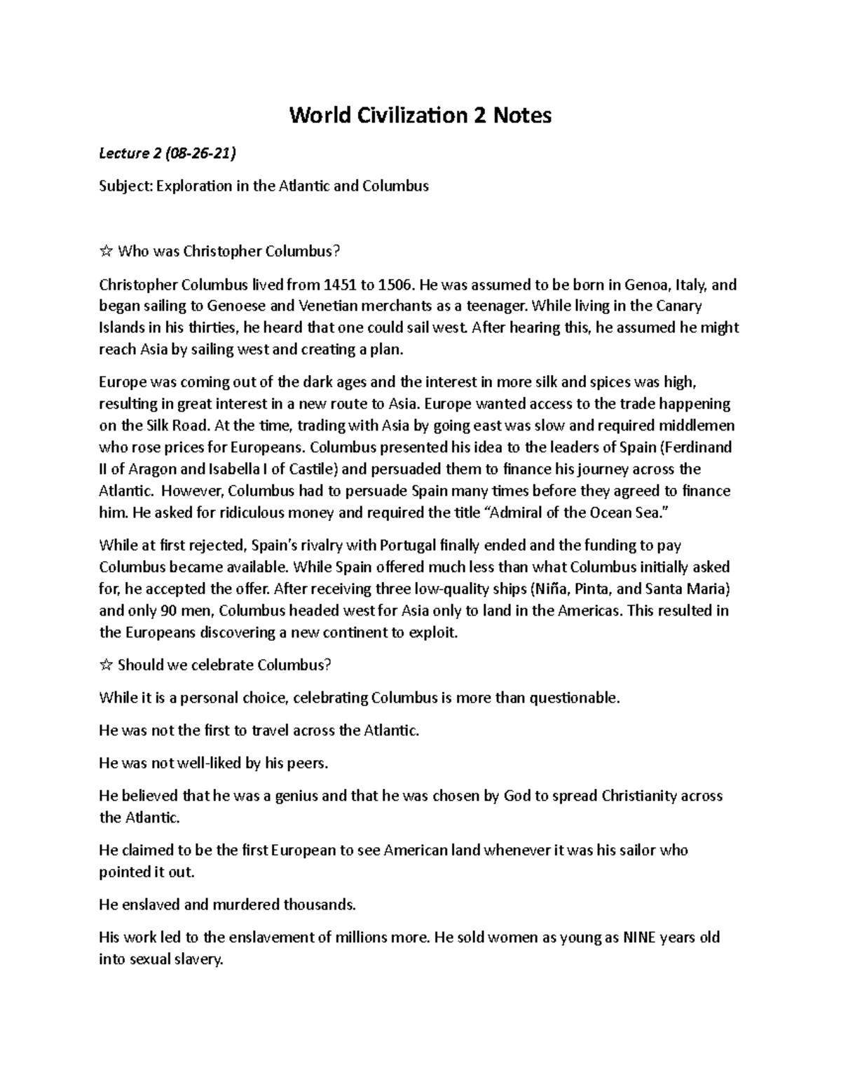 World Civ 2 Lecture Notes: Exploration and Empires in History - Studocu
