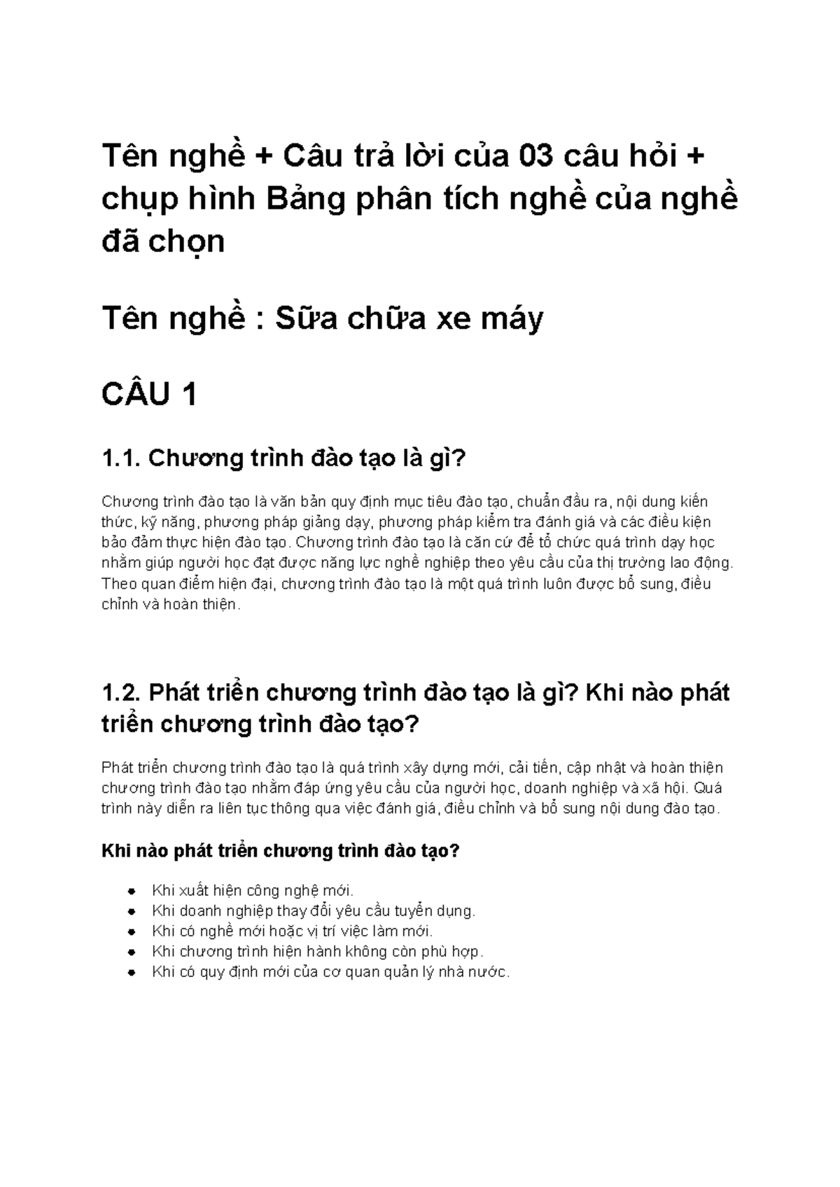 Bảng phân tích nghề Sửa chữa xe máy - Bài tập PTCT K466 - Studocu