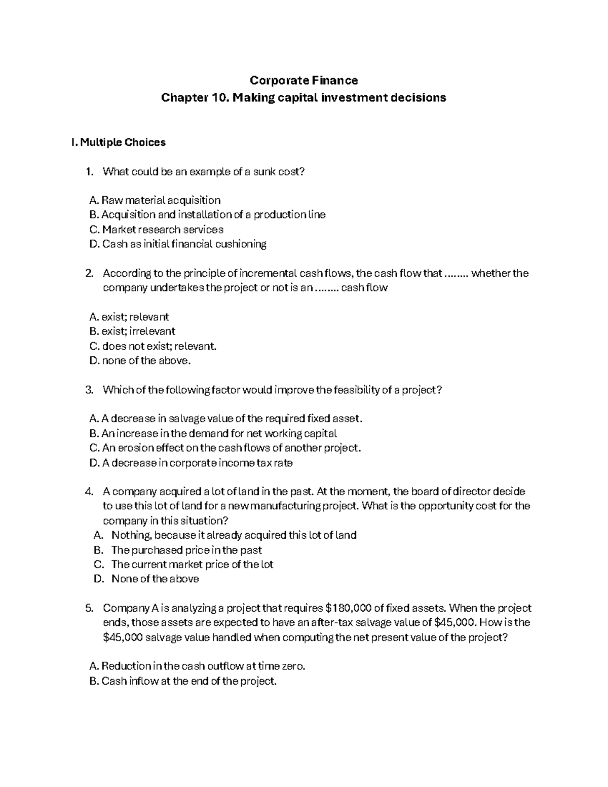 Corporate Finance (FIN 301) Chapter 10: Capital Investment Decisions ...