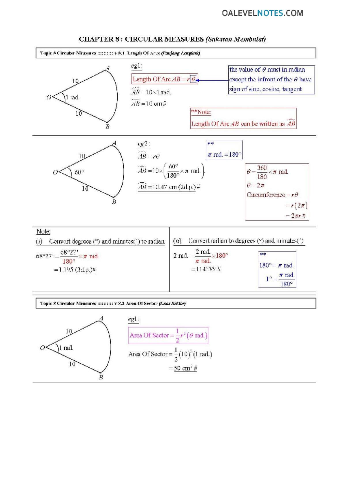 OALEVELNOTES.COM CHAPTER 8: CIRCULAR MEASURES - Notes on Arcs & Sectors ...