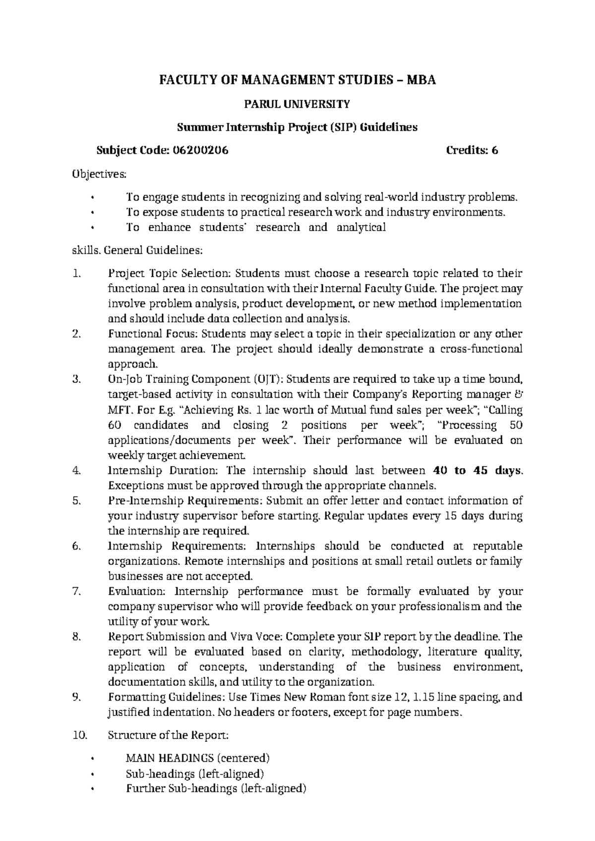 SIP Guidelines for MBA Students - Parul University (06200206) - Studocu