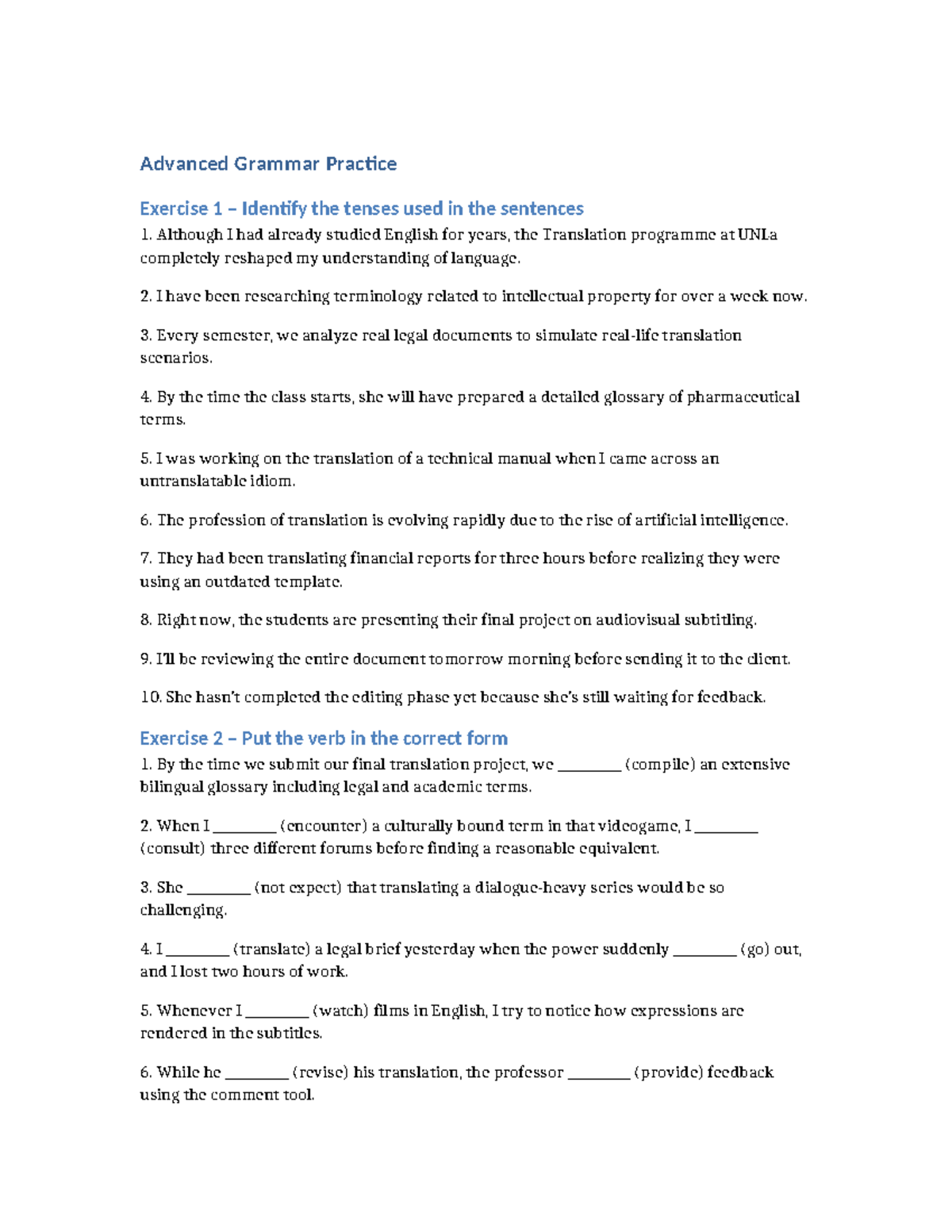 Tenses Practice Exercise 1 - Advanced Grammar for Translation Studies ...
