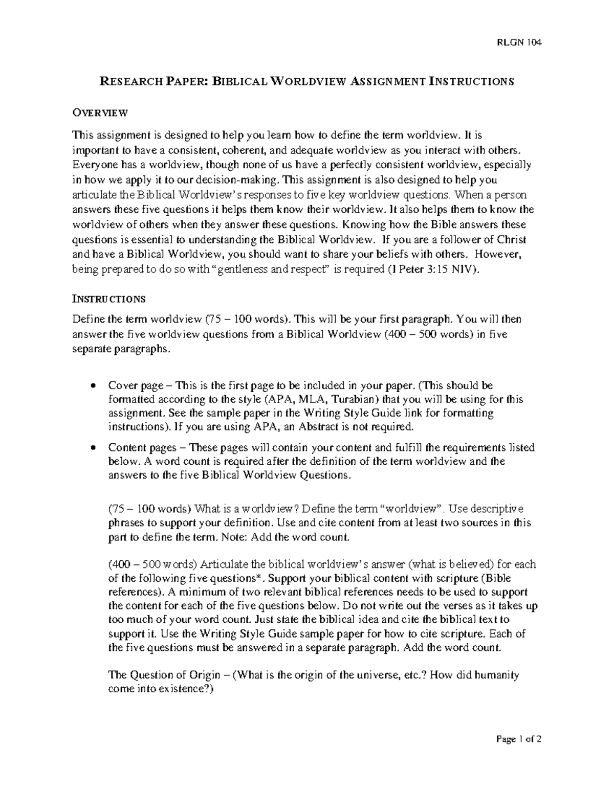 RLGN 104: Research Paper on Biblical Worldview Assignment Instructions ...