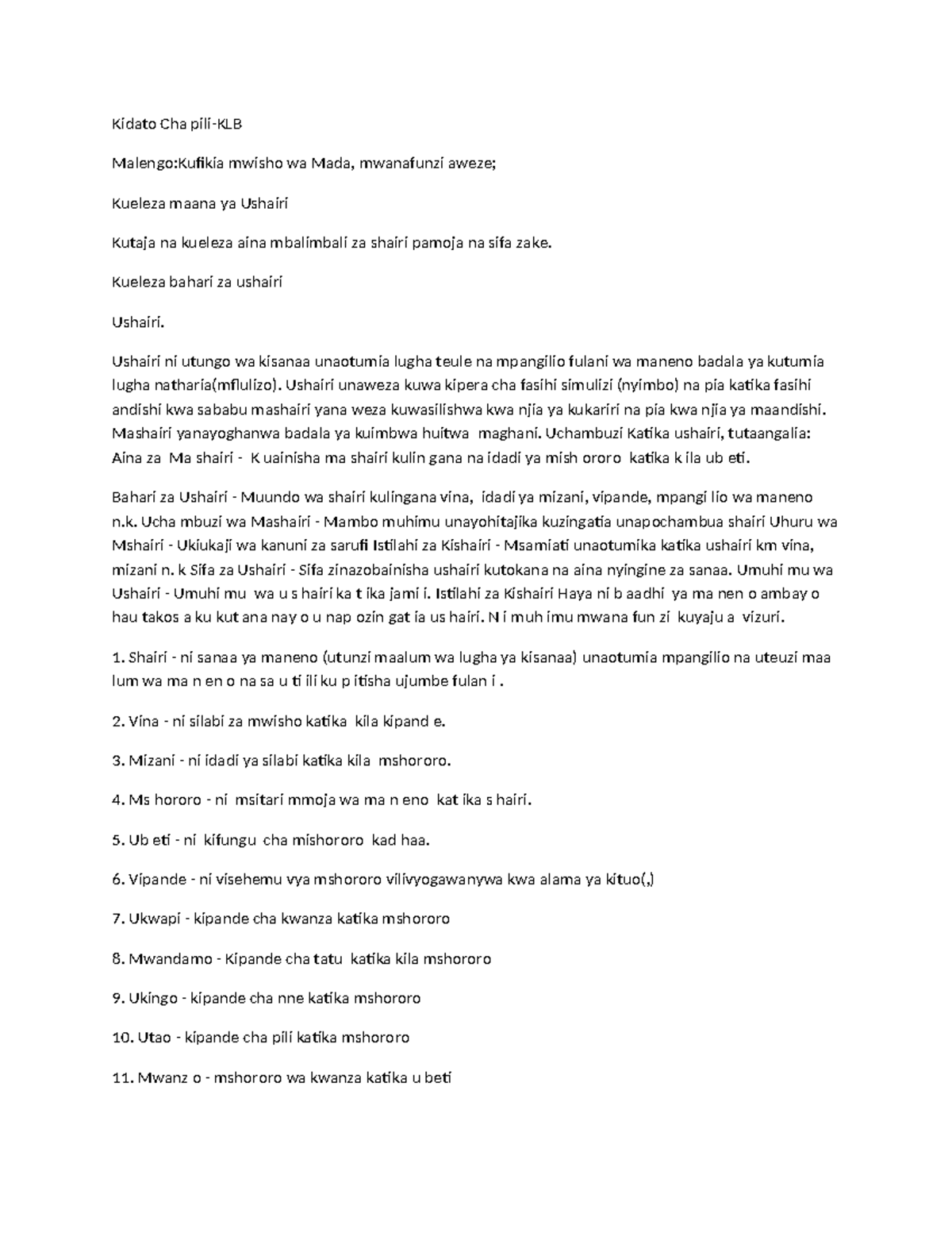 Ushairi WRD: Aina, Sifa na Umuhimu wa Ushairi katika Kiswahili - Studocu